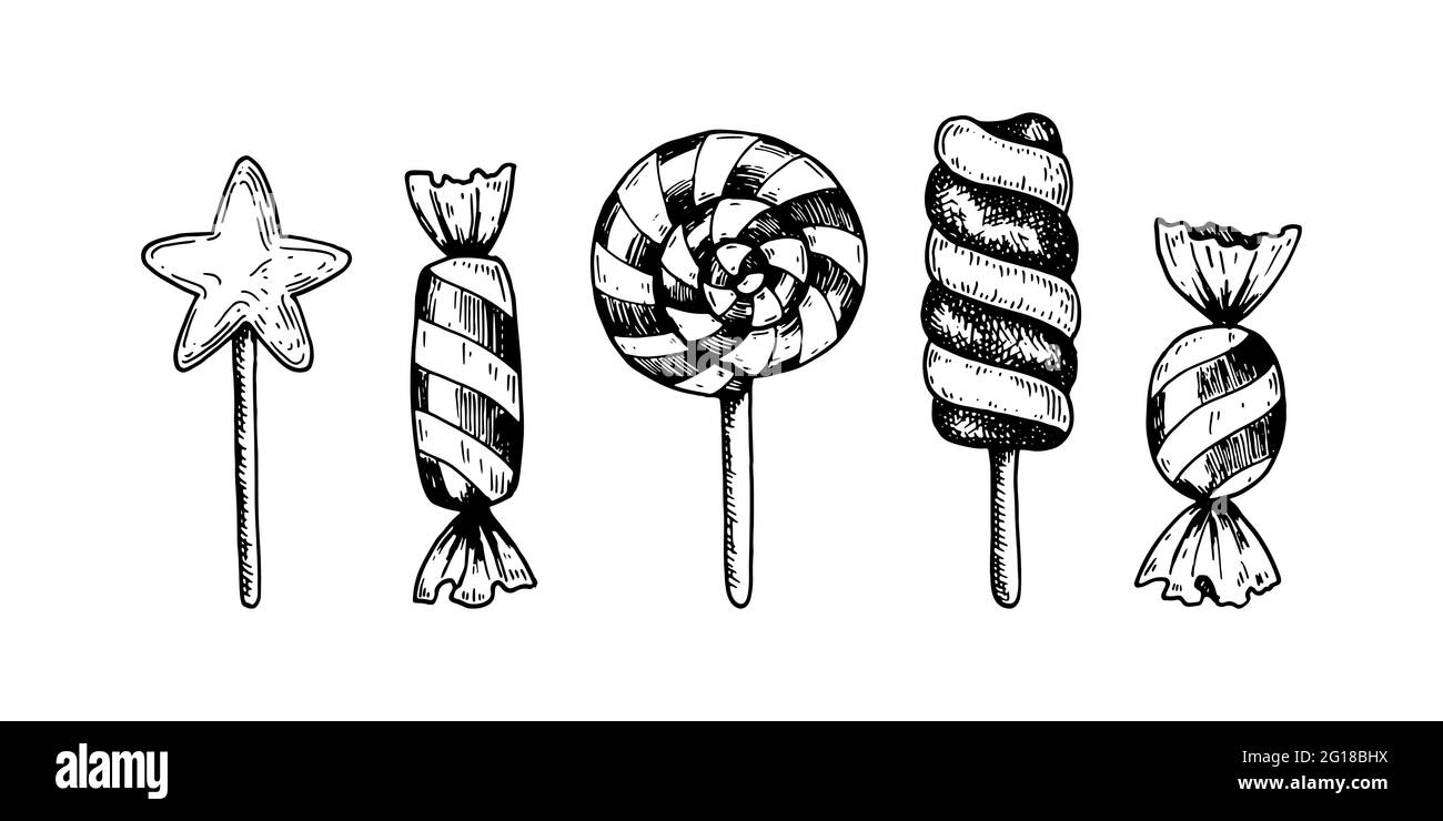 Set of hand drawn candies isolated on white. Vector illustration in ...