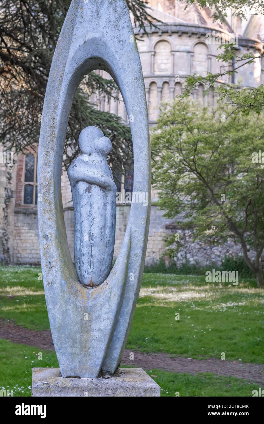 A close up of the Mother and Child statue outside Norwich Cathedral ...