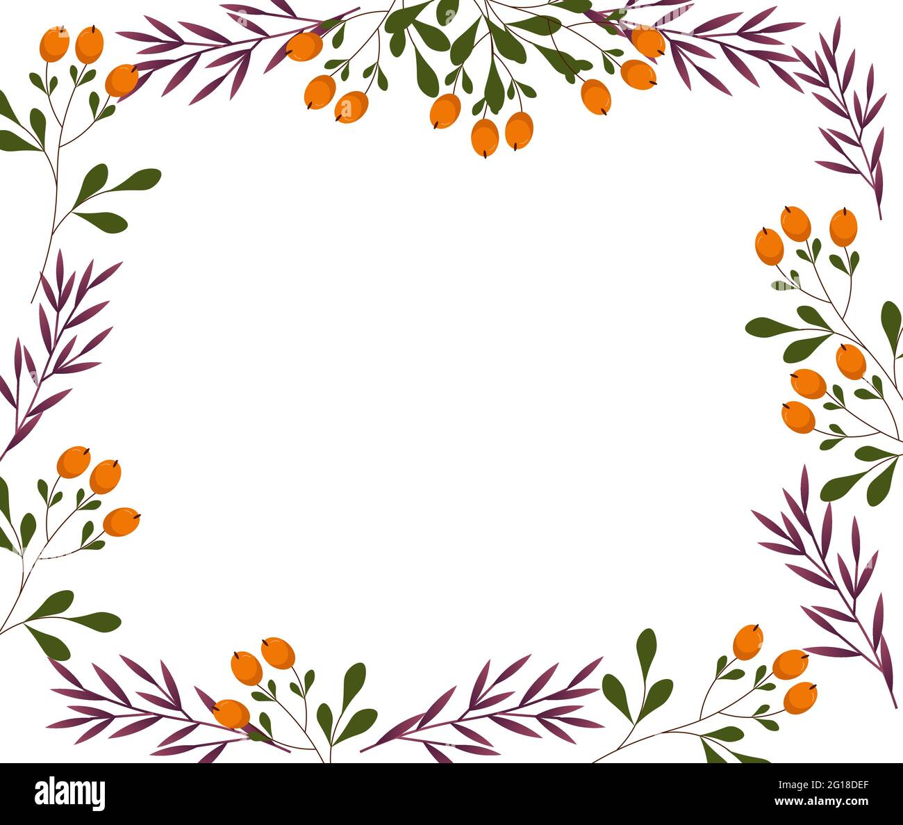 Rectangular frame template with branches of leaves and orange berries ...