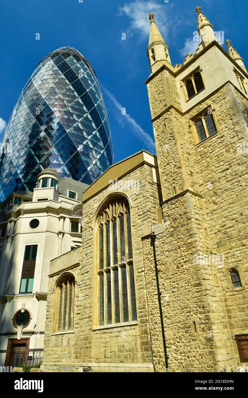 St Andrew Undershaft Church and 30 St Mary Axe or Gherkin building in ...