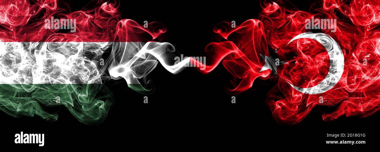 Hungary, Hungarian vs Turkey, Turkish, Turk smoky flags side by side ...