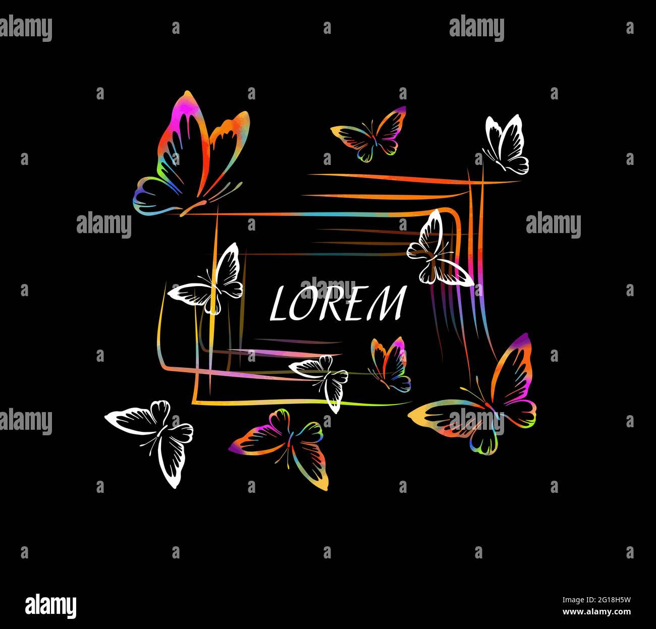 Multi-colored rectangular frame with butterflies. On a black background ...