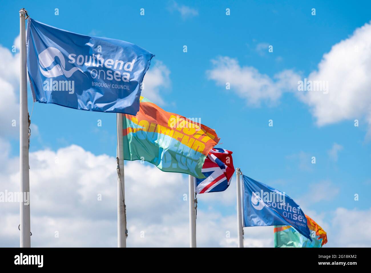 Seafront flags flying in Southend on Sea, Essex, UK. Southend on Sea ...
