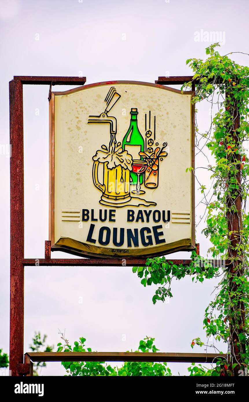 Vines grow across a plastic sign advertising the Blue Bayou Lounge, May ...