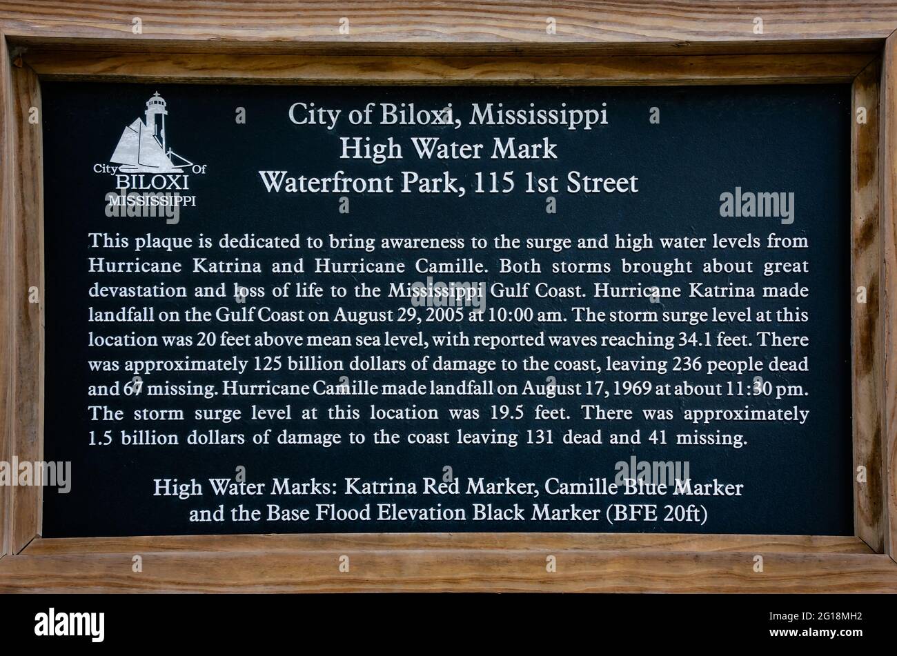 A plaque details the high water marks from Hurricanes Camille and ...