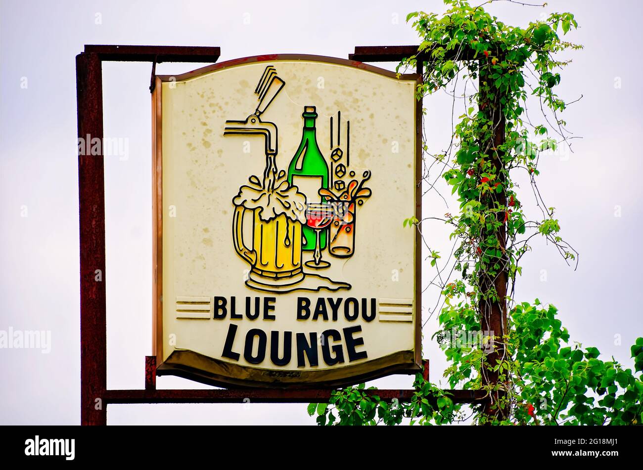 Vines grow across a plastic sign advertising the Blue Bayou Lounge, May ...