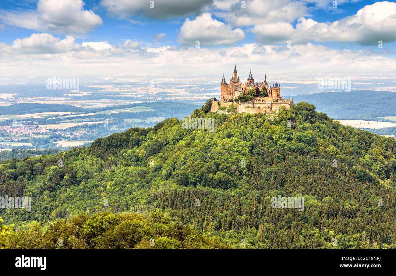 Landscape with Hohenzollern Castle on mountain top, Germany. It is ...