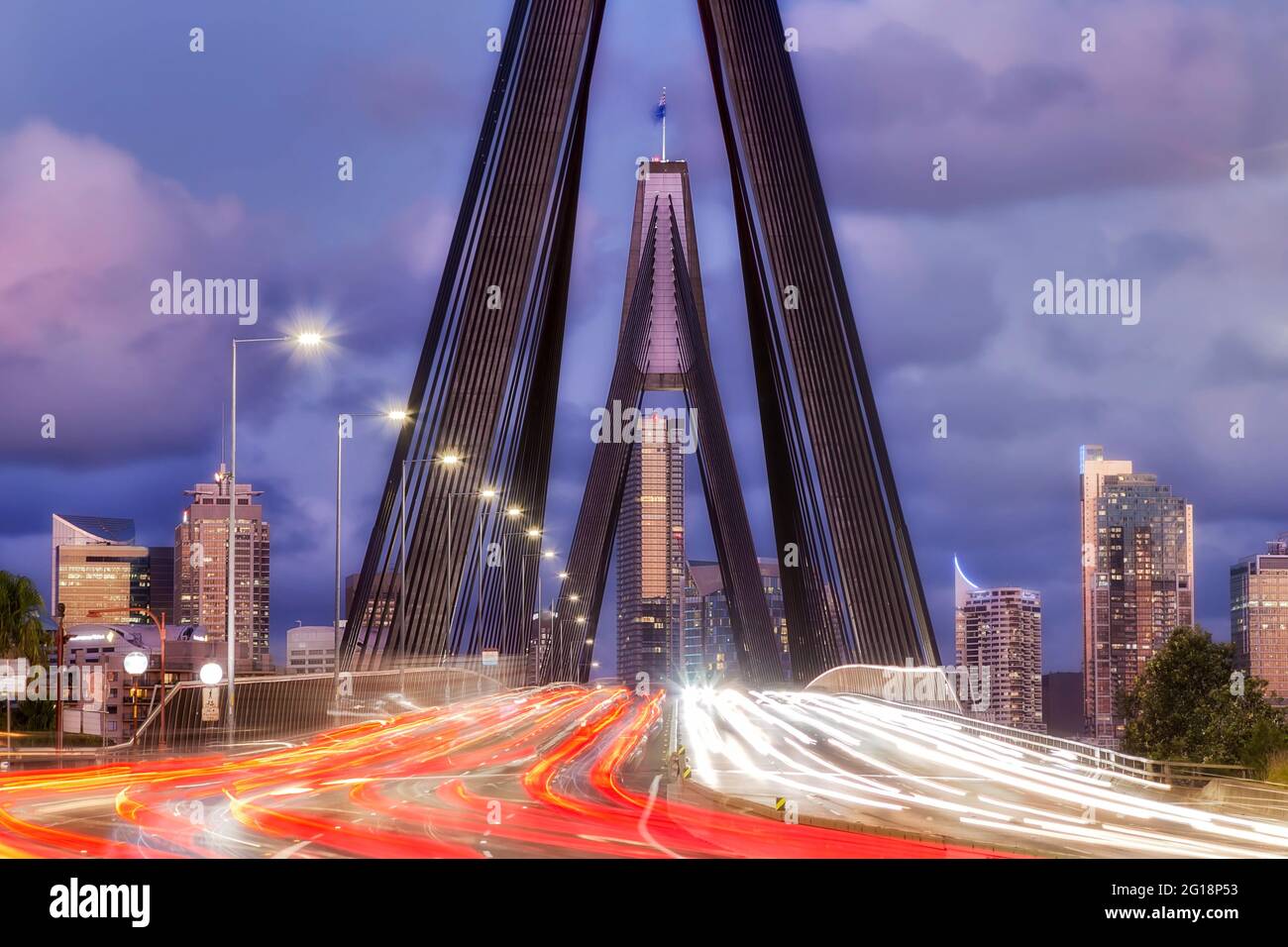 Scenic suspension cable Anzac bridge in city of Sydney across Sydney ...