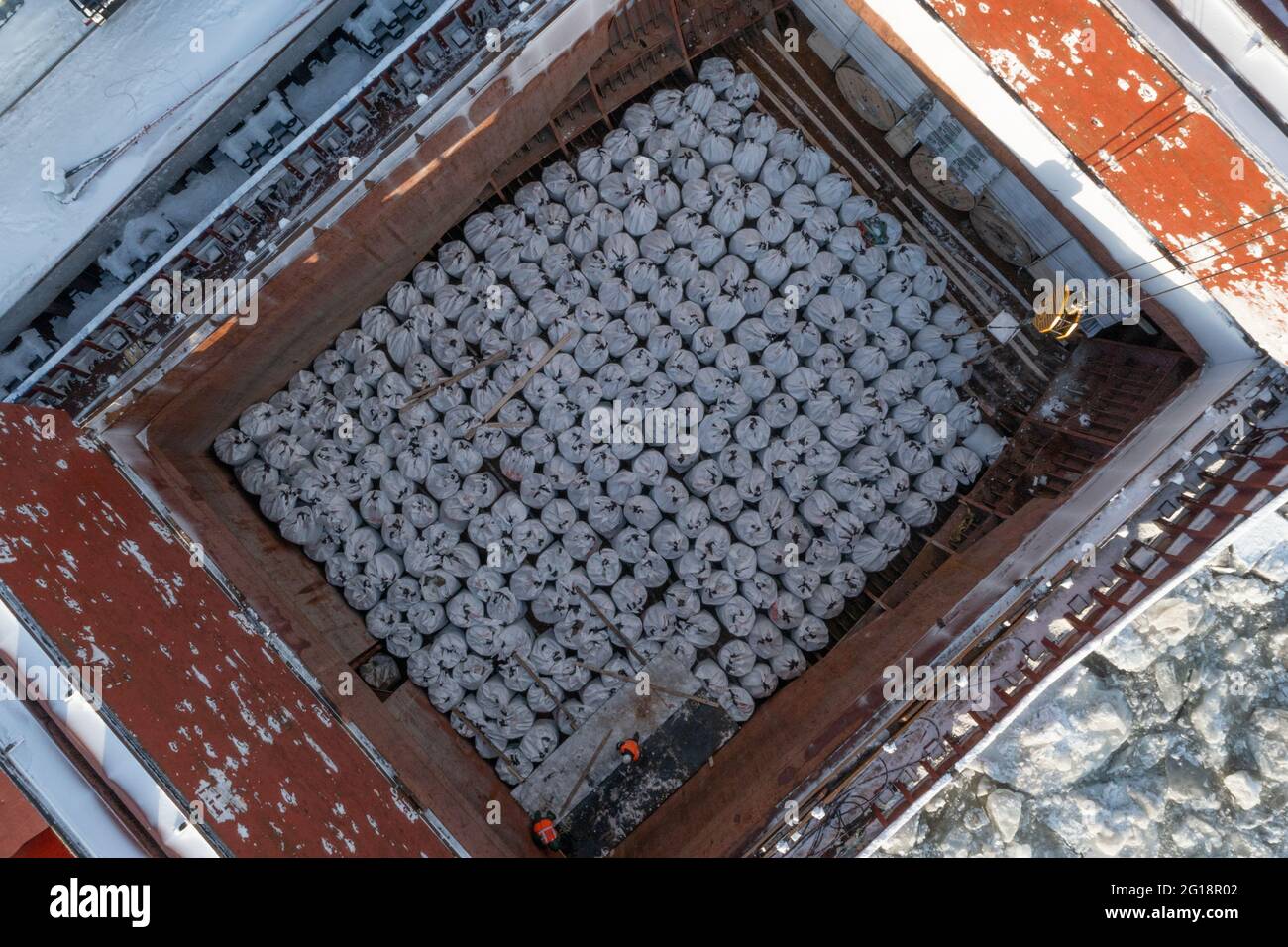 Arkhangelsk, Russia - February 25, 2021: Loading cargo into the hold of ...