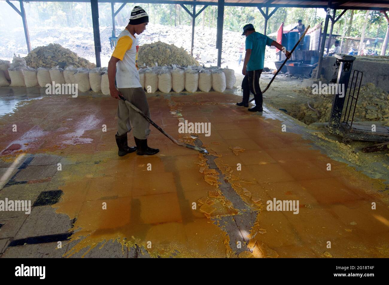 In a sulphur factory, the molten sulphur is spread on the factory floor ...
