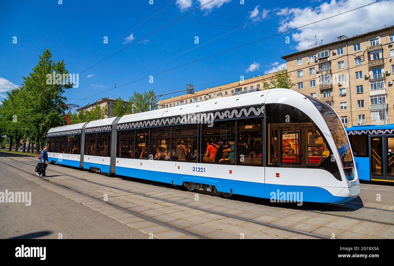 Modern tram (urban electric transport ) on a Moscow street (central ...