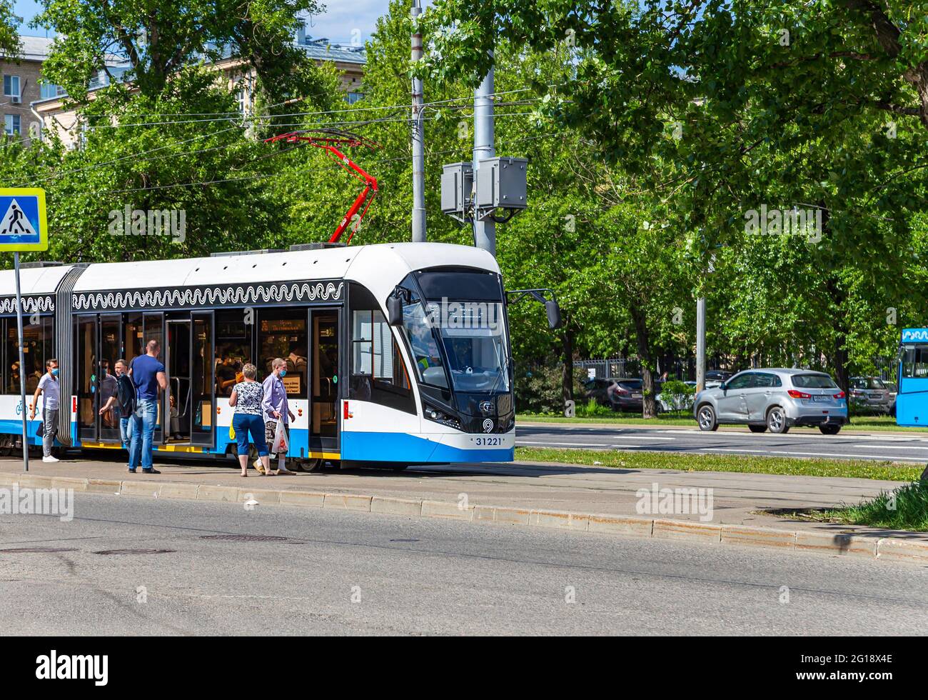 Modern tram (urban electric transport ) on a Moscow street (central ...