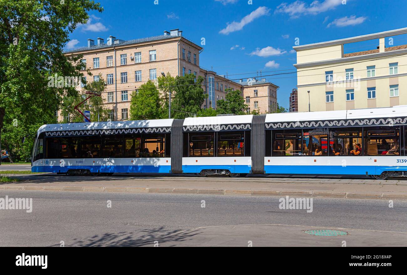 Modern tram (urban electric transport ) on a Moscow street (central ...