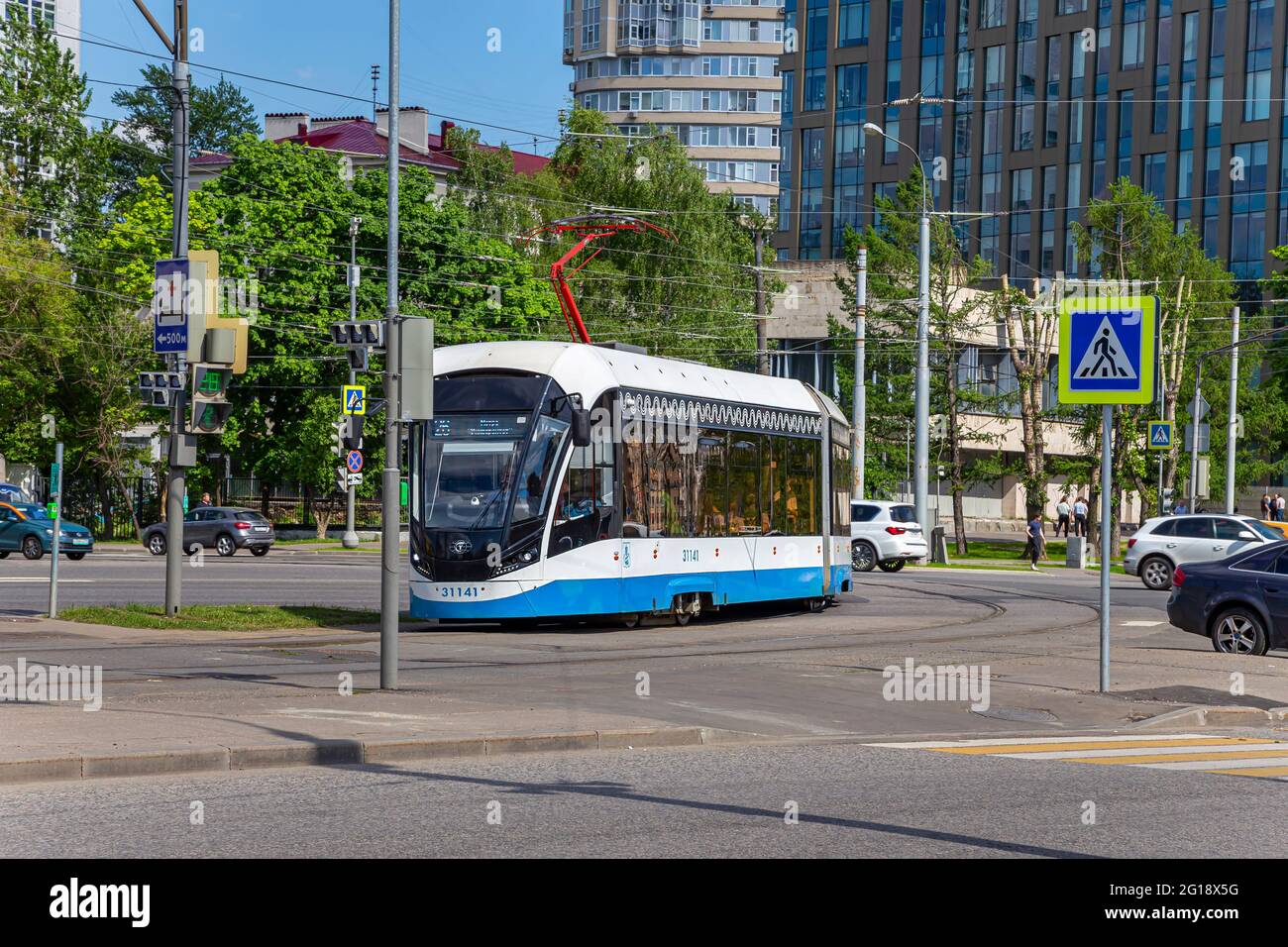 Modern tram (urban electric transport ) on a Moscow street (central ...