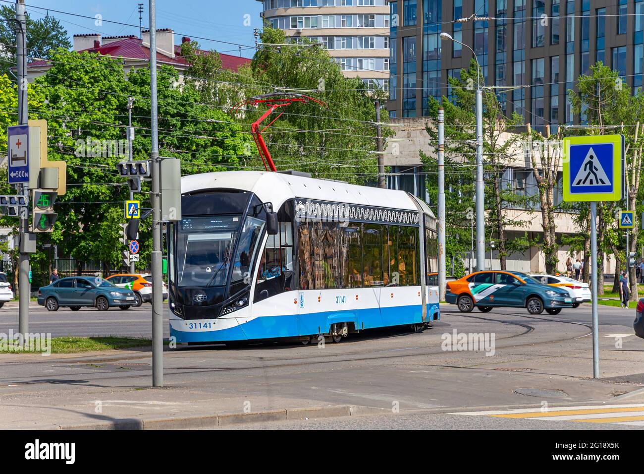 Modern tram (urban electric transport ) on a Moscow street (central ...