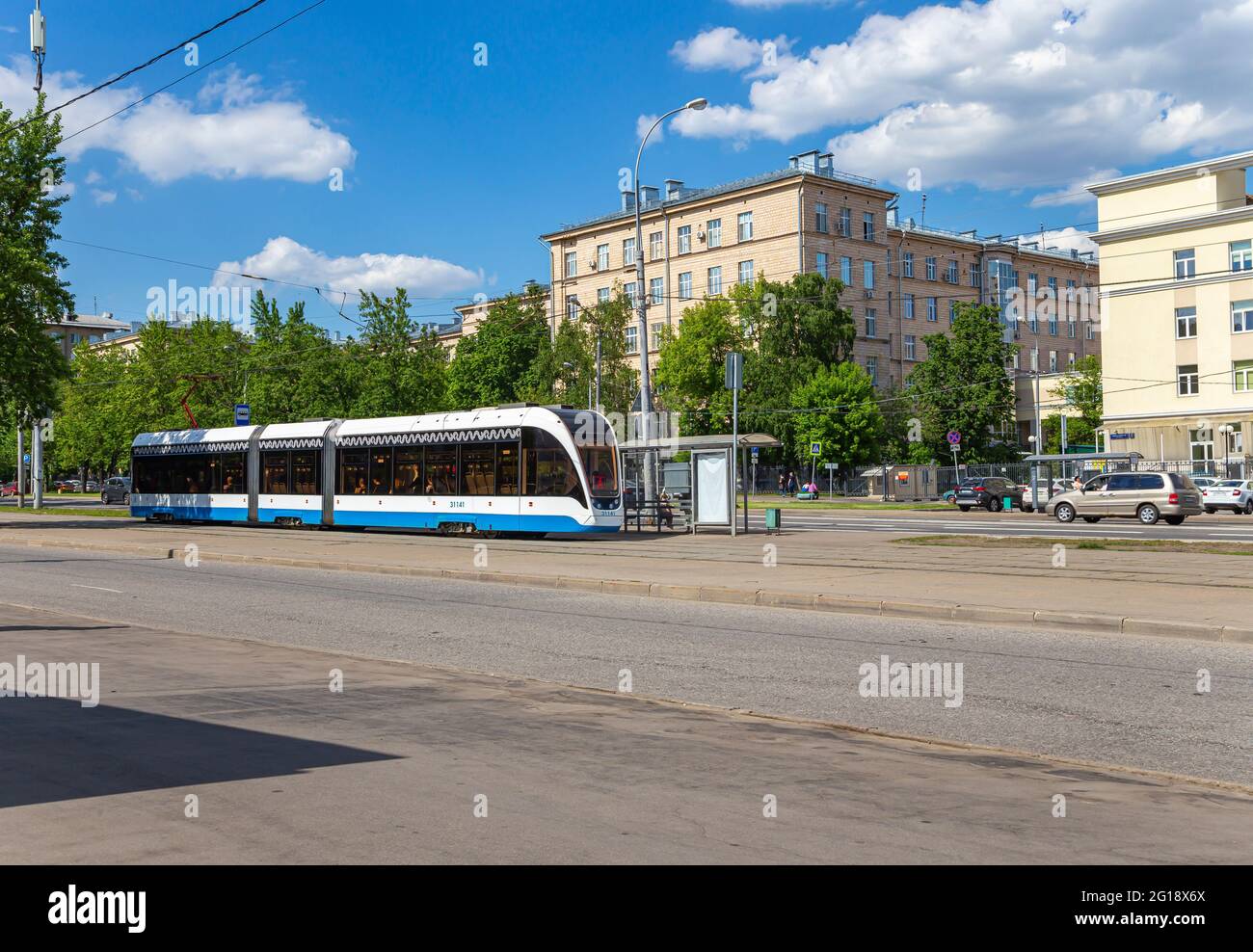 Modern tram (urban electric transport ) on a Moscow street (central ...