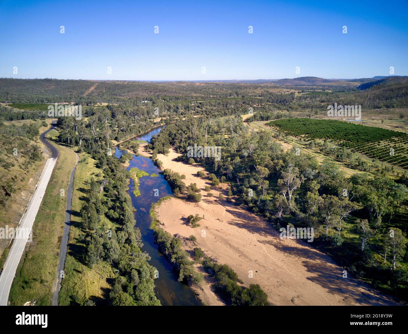 Aerial of the River Bend section on the Burnett River north of Gayndah ...