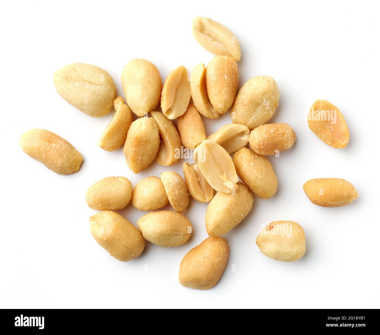 roasted salted peanuts macro isolated on white background, top view ...