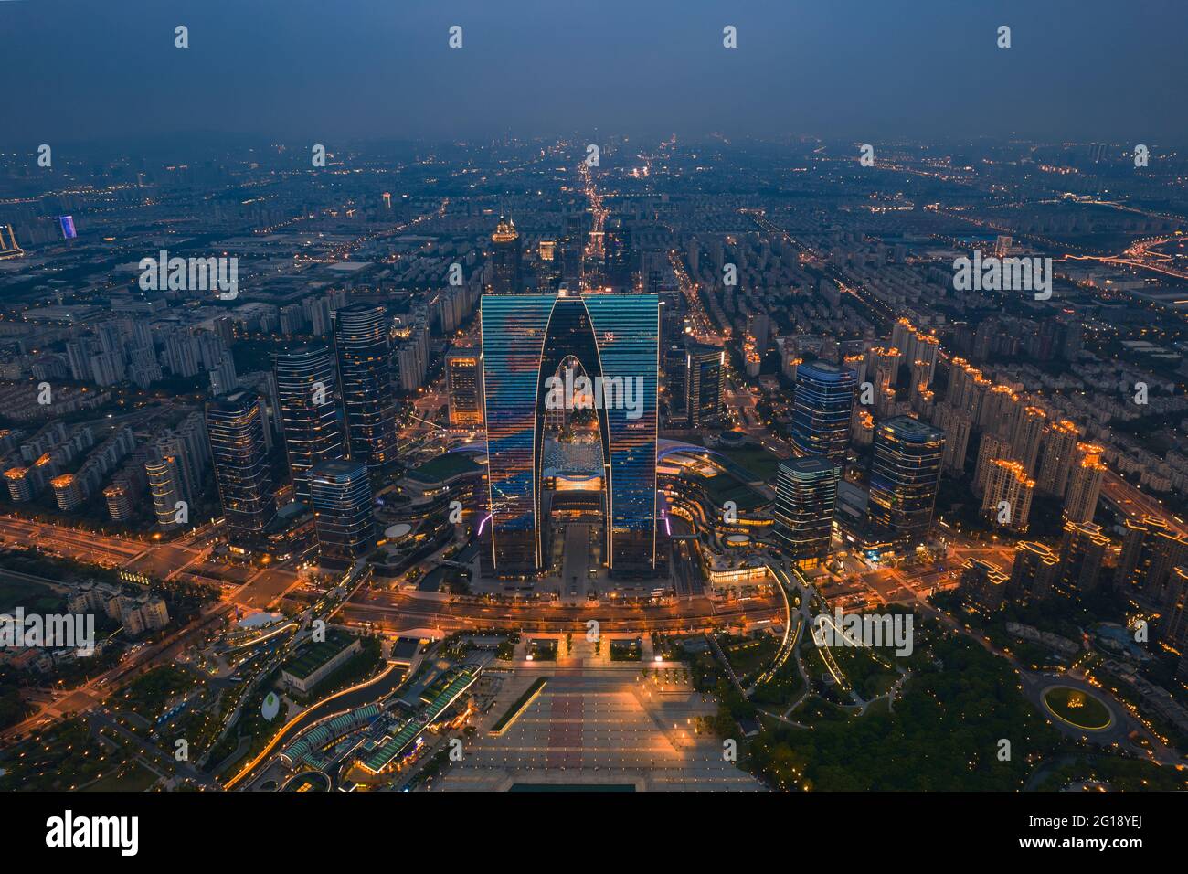Night view of the skyline in Suzhou, China, aerial shot Stock Photo - Alamy