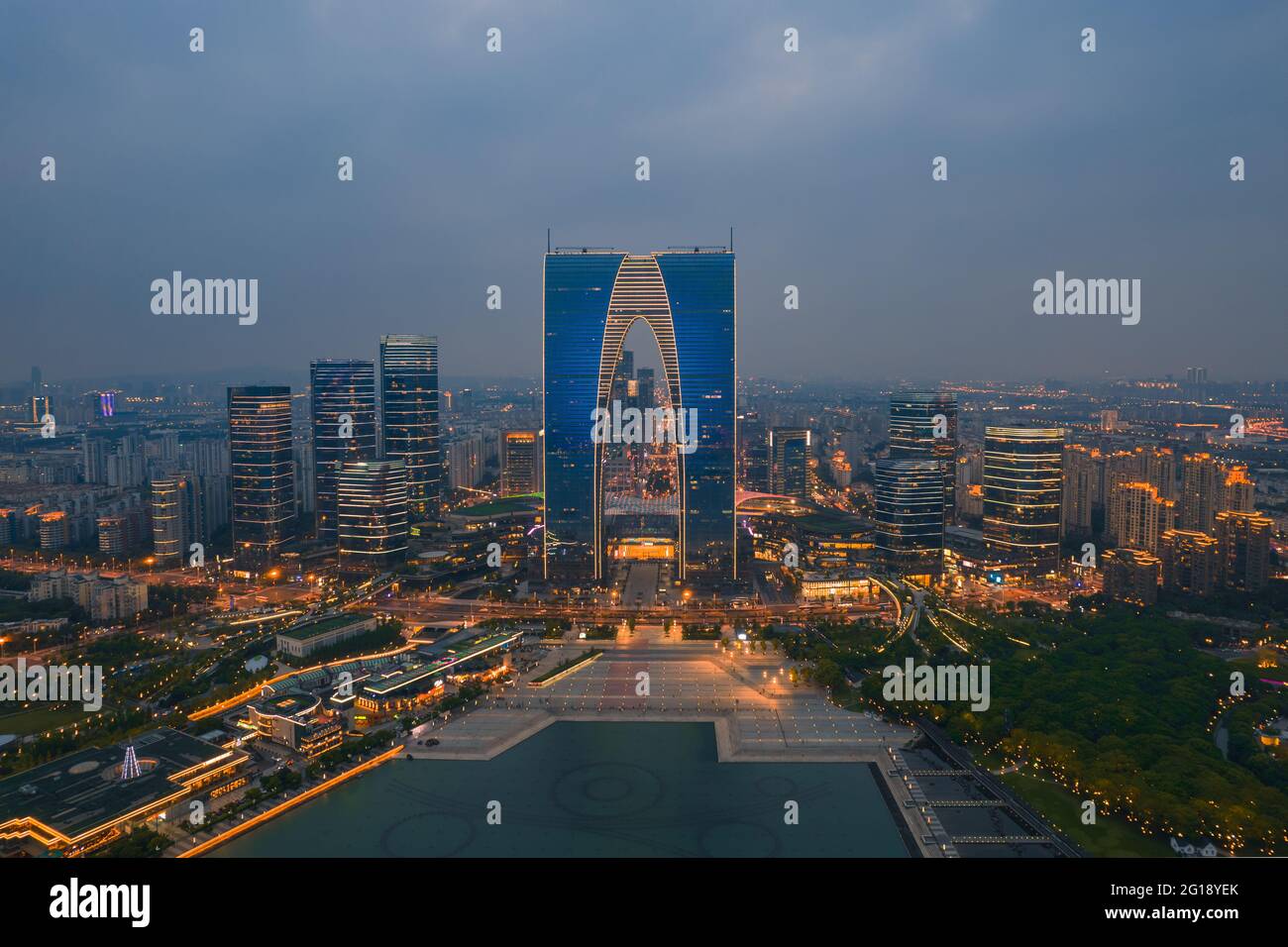 Night view of the skyline in Suzhou, China, aerial shot Stock Photo - Alamy