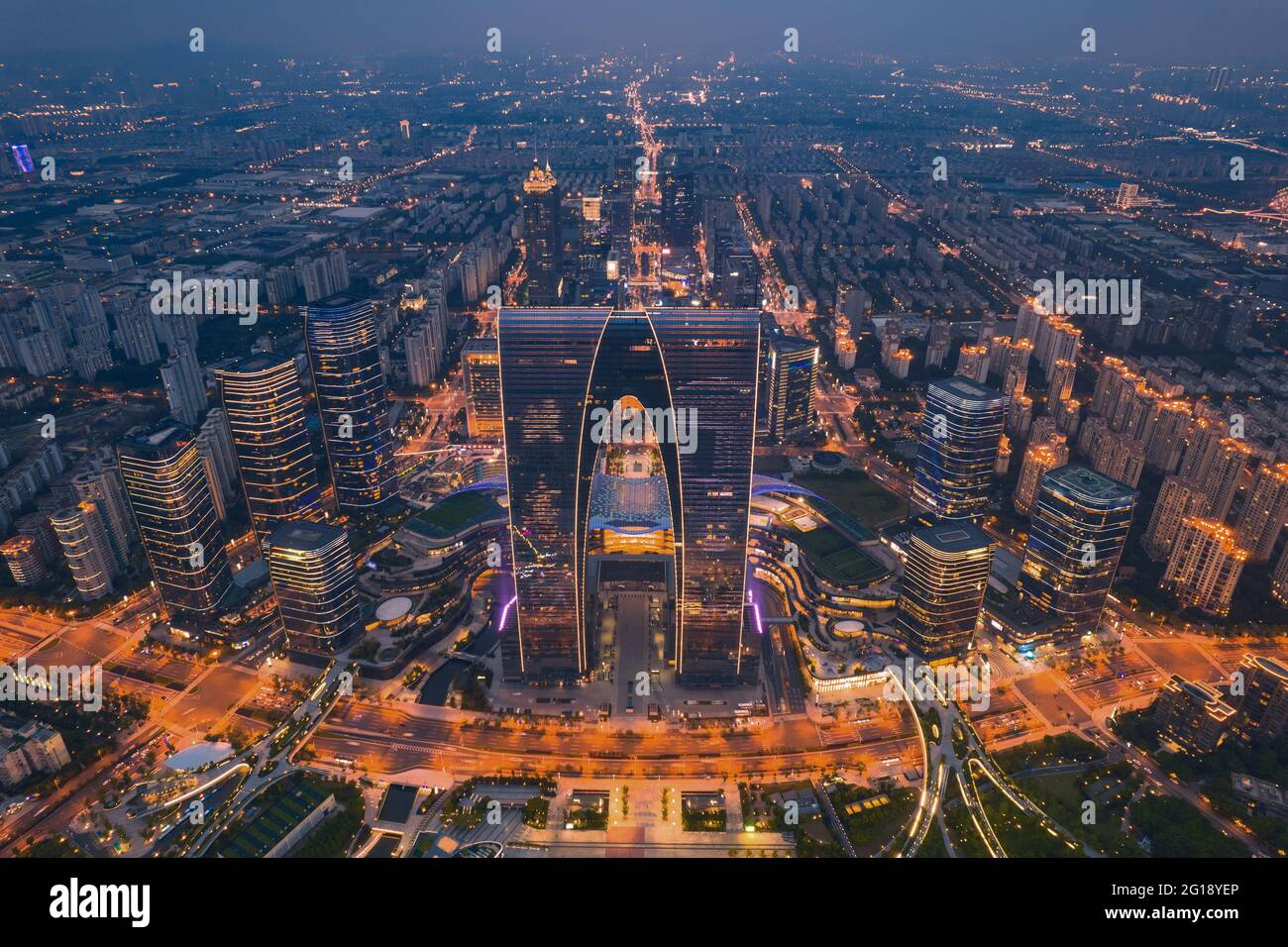 Night view of the skyline in Suzhou, China, aerial shot Stock Photo - Alamy