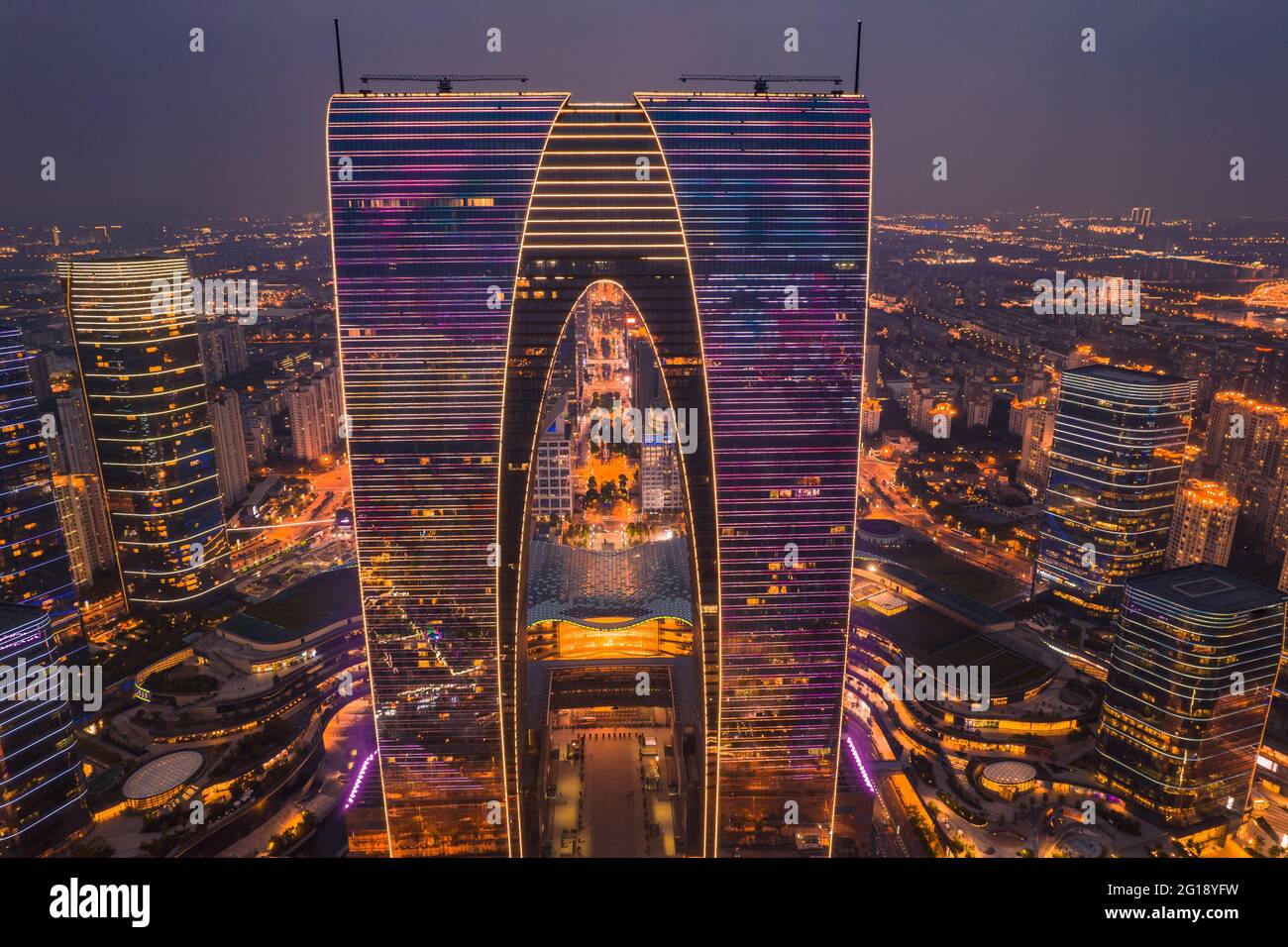 Night view of the skyline in Suzhou, China, aerial shot Stock Photo - Alamy