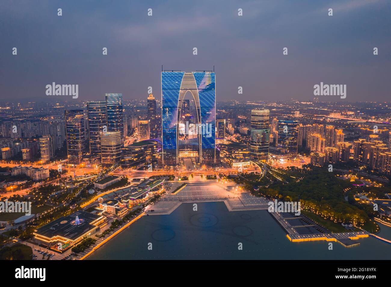 Night view of the skyline in Suzhou, China, aerial shot Stock Photo - Alamy