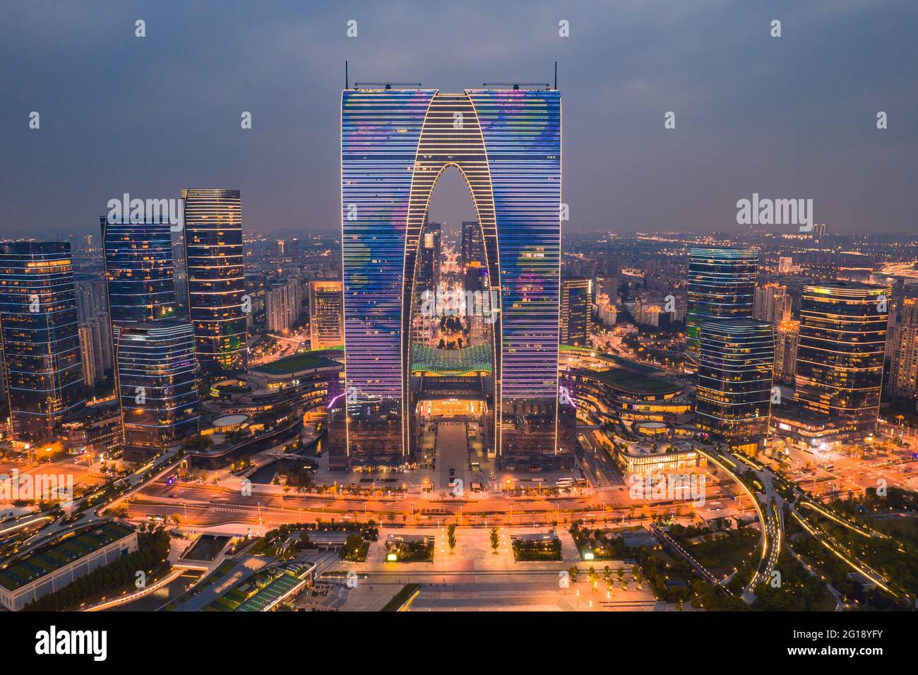 Night view of the skyline in Suzhou, China, aerial shot Stock Photo - Alamy