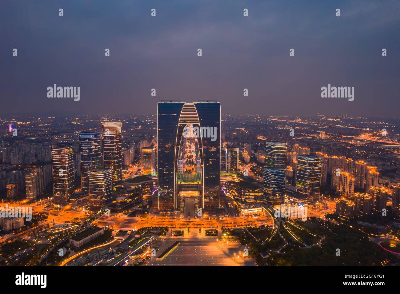 Night view of the skyline in Suzhou, China, aerial shot Stock Photo - Alamy