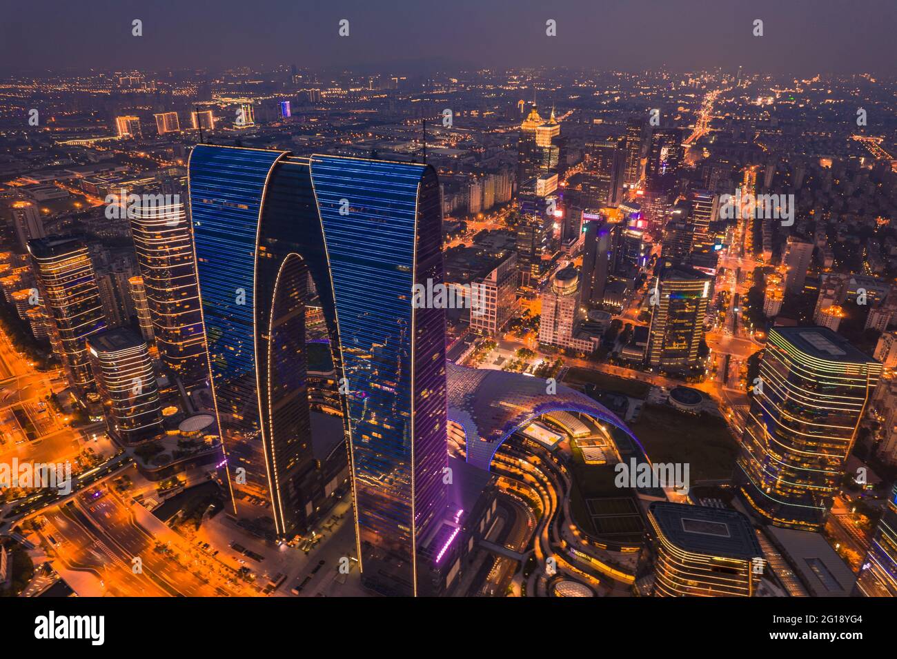 Night view of the skyline in Suzhou, China, aerial shot Stock Photo - Alamy
