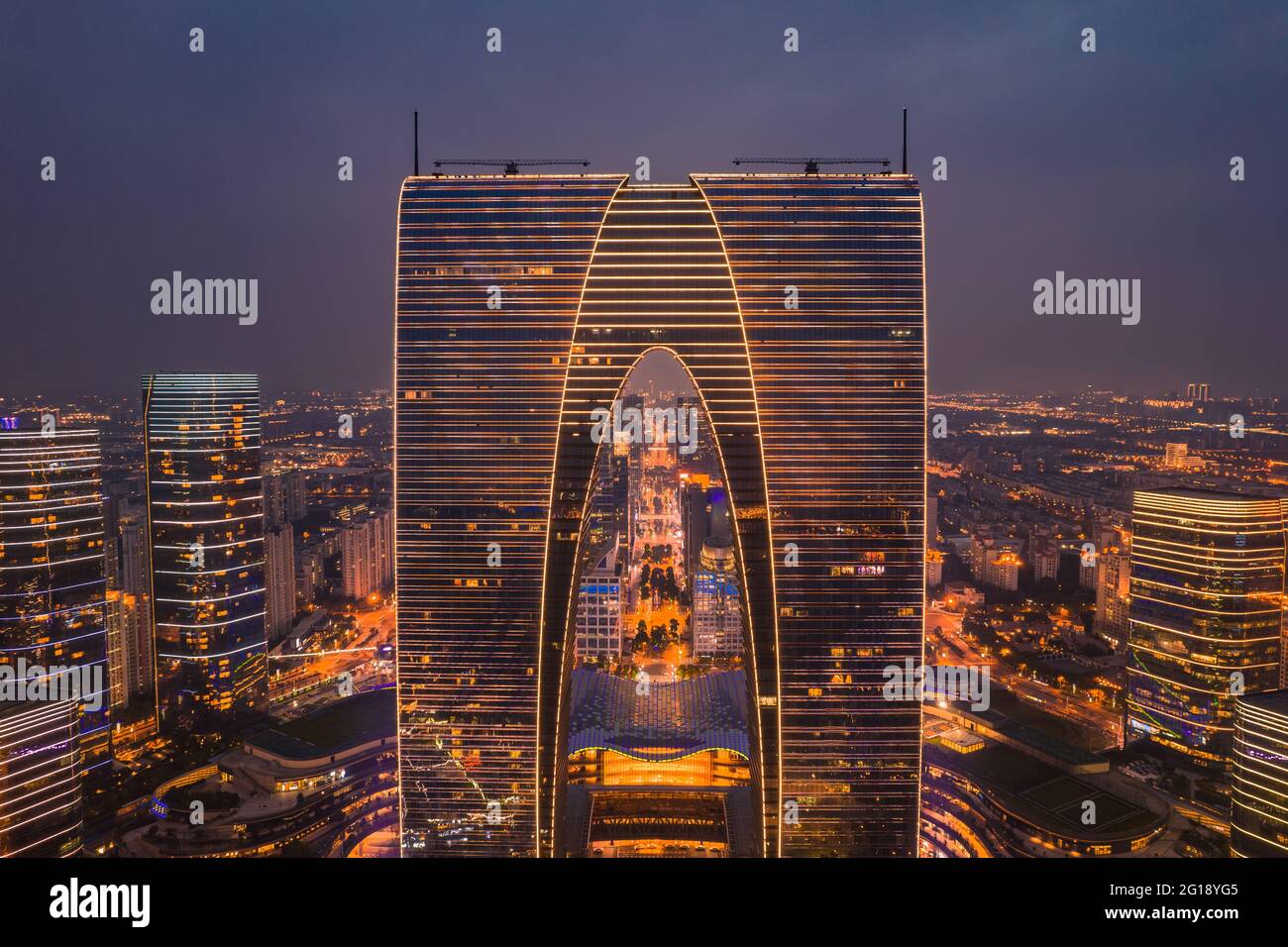 Night view of the skyline in Suzhou, China, aerial shot Stock Photo - Alamy