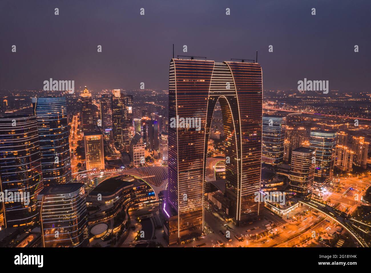 Night view of the skyline in Suzhou, China, aerial shot Stock Photo - Alamy