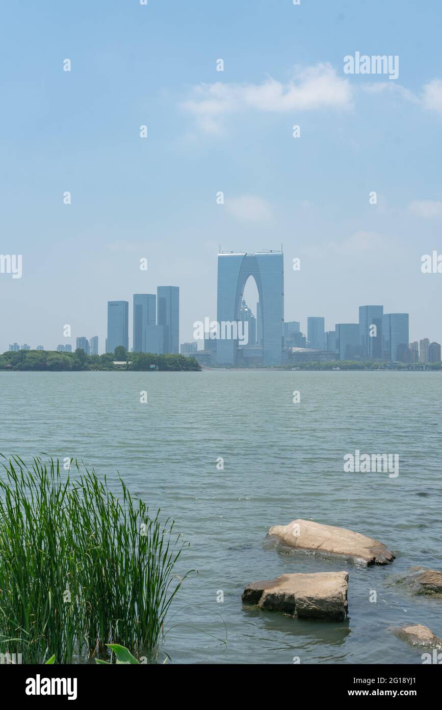 The skyline of Suzhou along the Jinji Lake, on a sunny day Stock Photo ...