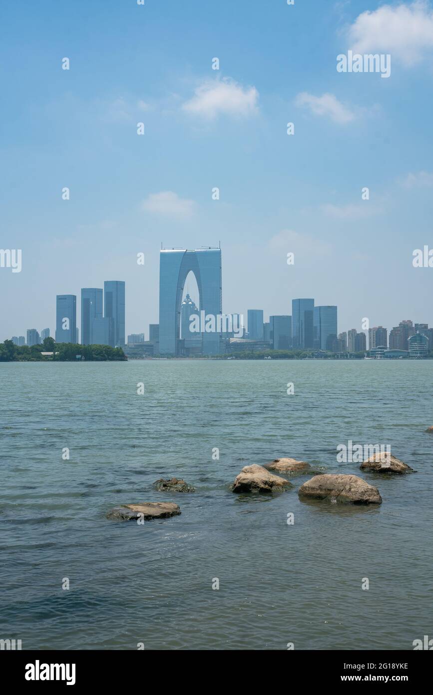 The skyline of Suzhou along the Jinji Lake, on a sunny day Stock Photo ...