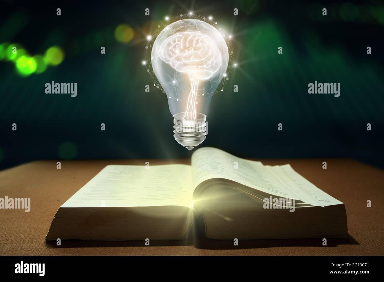 Brain inside the light bulb floating on the book. Wisdom, Knowledge, Inspiration, Creative ...