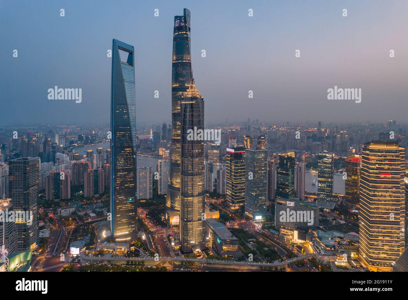 Night view of skyscrapers in Lujiazui, the financial district in ...