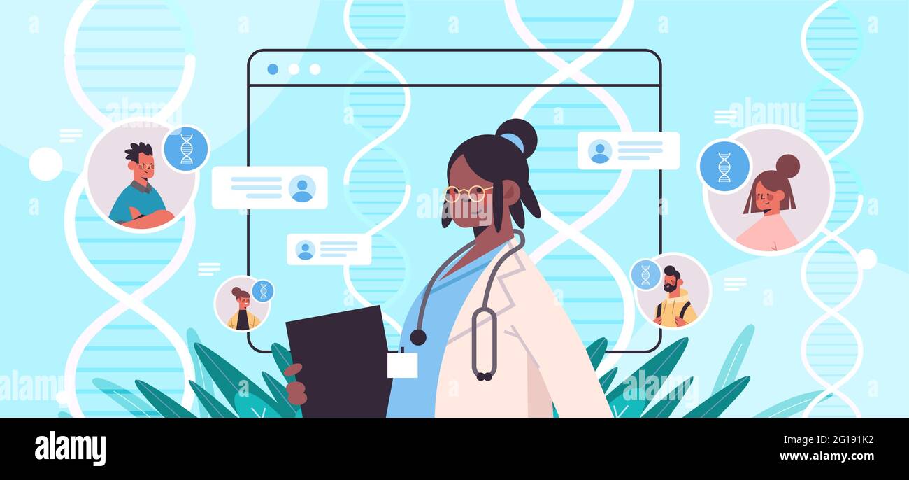 african american doctor consulting patients in web browser windows DNA ...