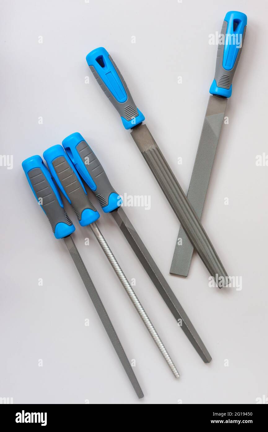 Set of new rasp files on gray background. Working tools layout Stock ...