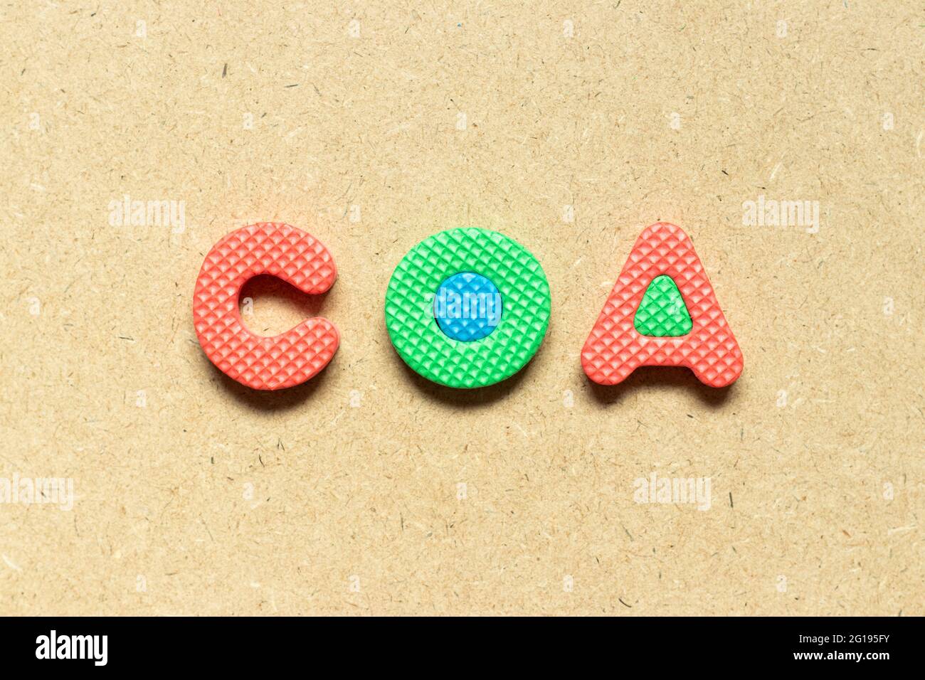 Foam alphabet letter in word COA (abbreviation of certificate of ...
