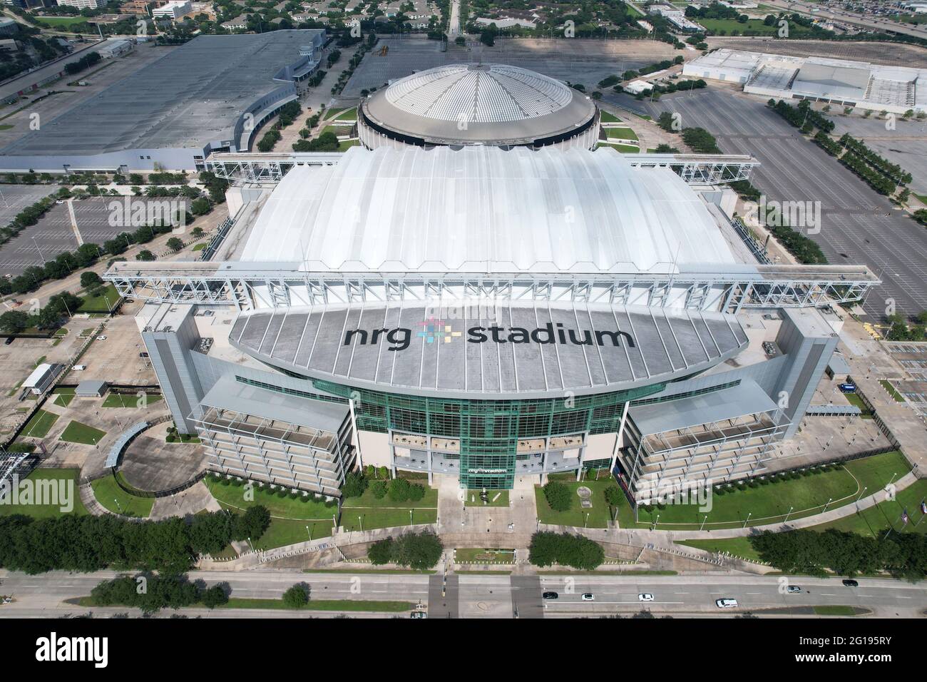 An aerial view of NRG Stadium and Astrodome, Sunday, May 30, 2021, in ...