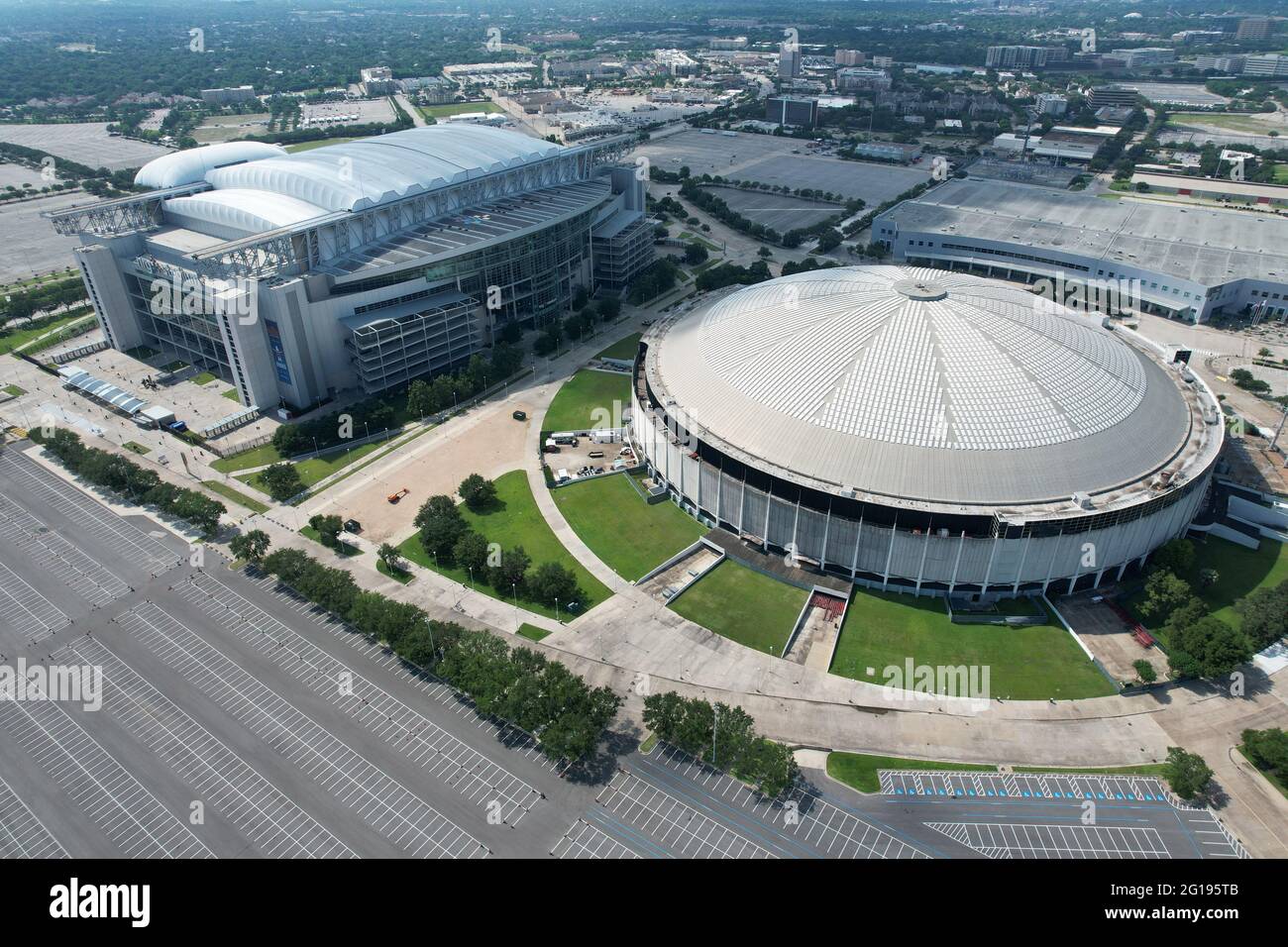 An aerial view of NRG Stadium and Astrodome, Sunday, May 30, 2021, in ...