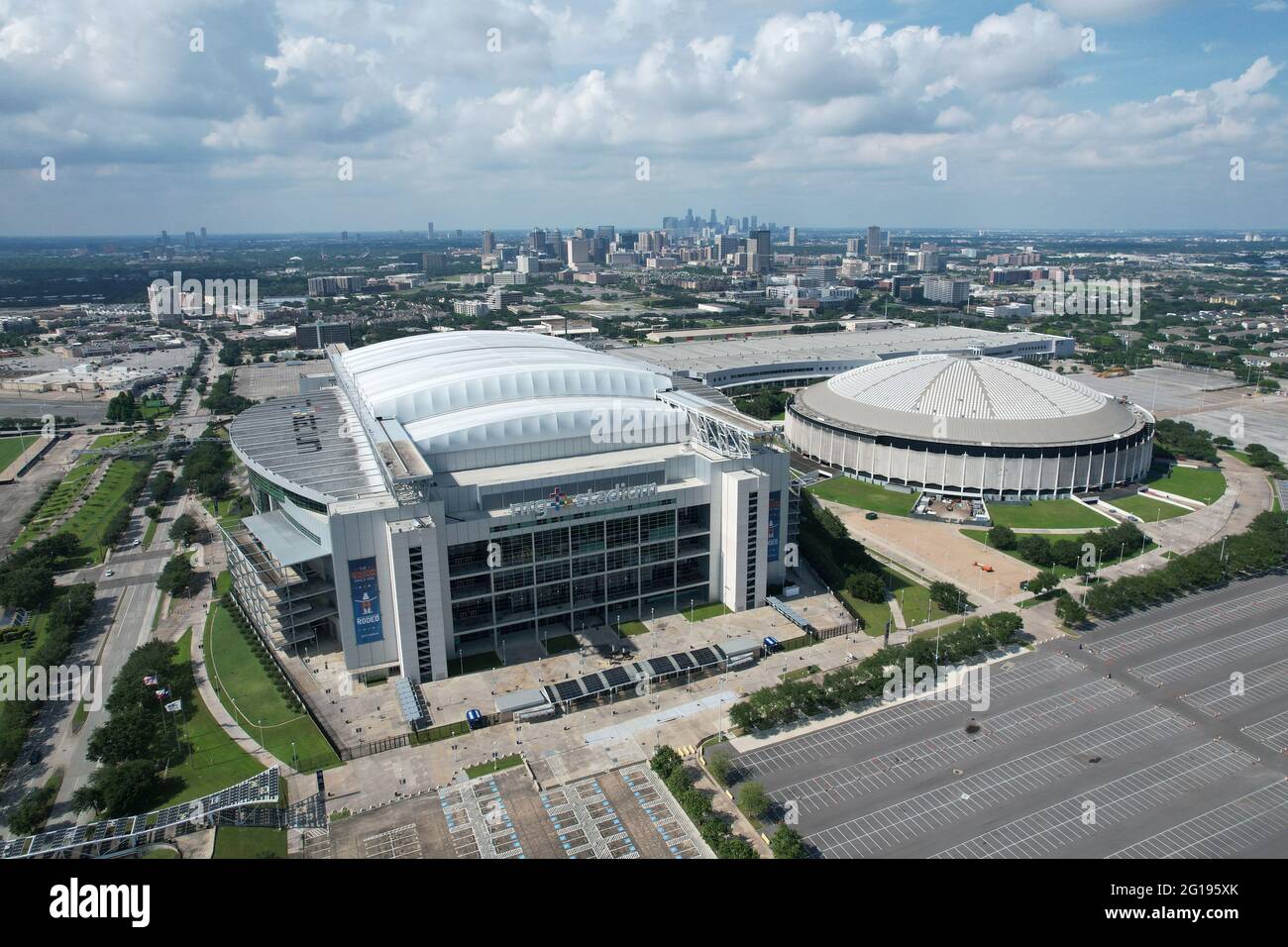 An aerial view of NRG Stadium and Astrodome, Sunday, May 30, 2021, in ...