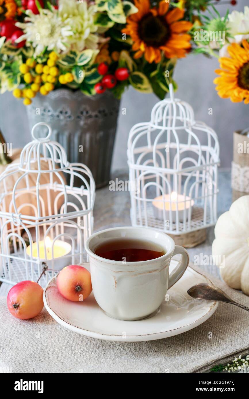 Beautiful white lantern, flowers and pumpkins on the table. Romantic ...