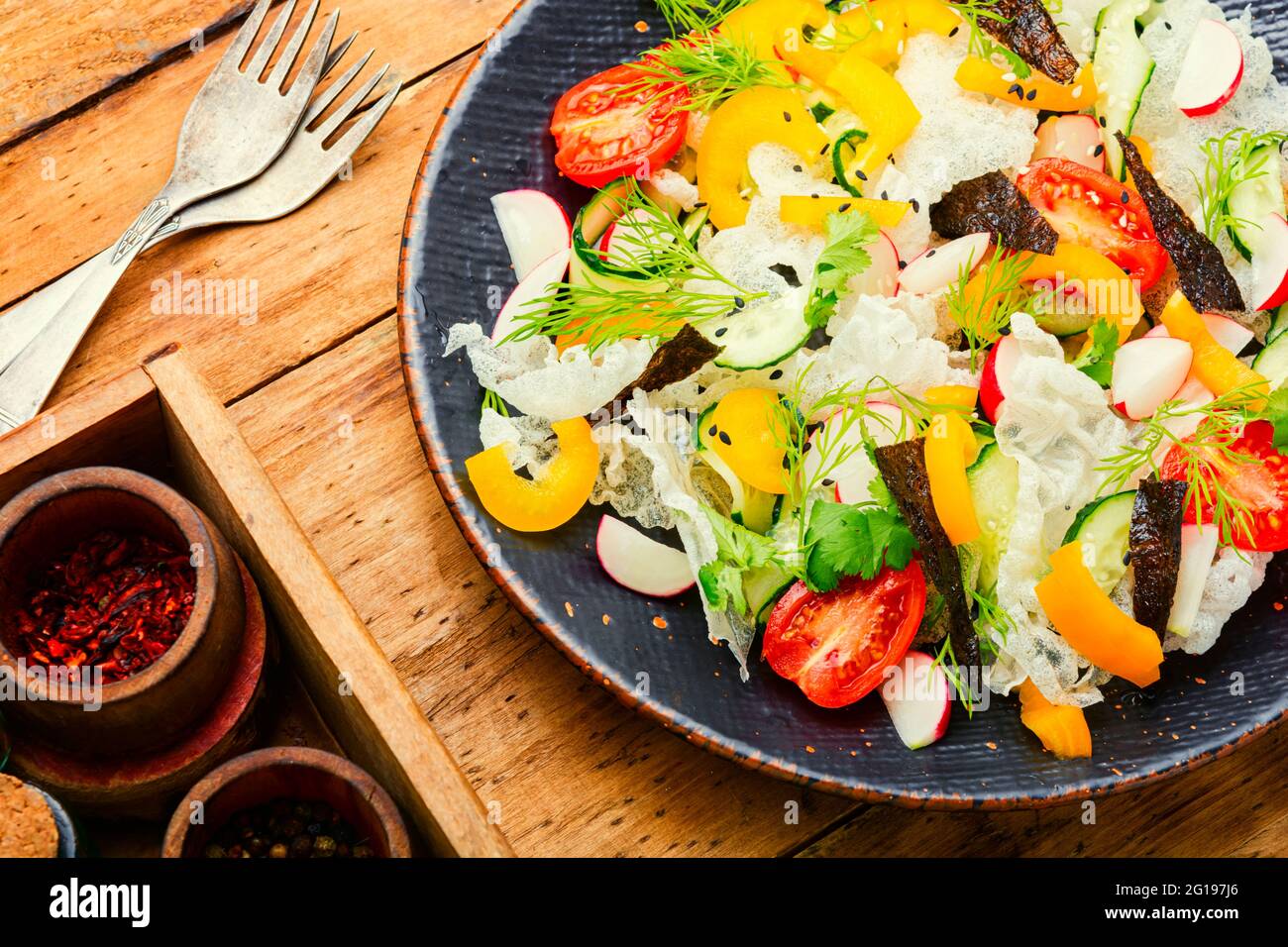 Spring fresh vegetable salad on rice paper.Vegetarian spring salad ...