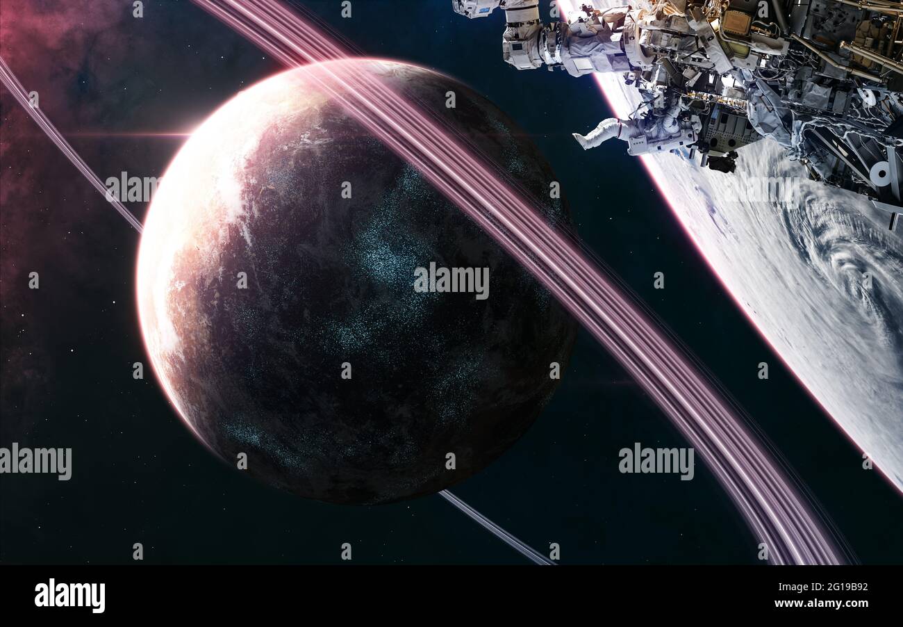 Planet in deep space. Space station in orbit Stock Photo - Alamy