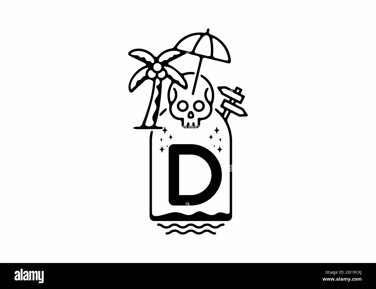 Black line art illustration of skull beach with D initial letter design ...