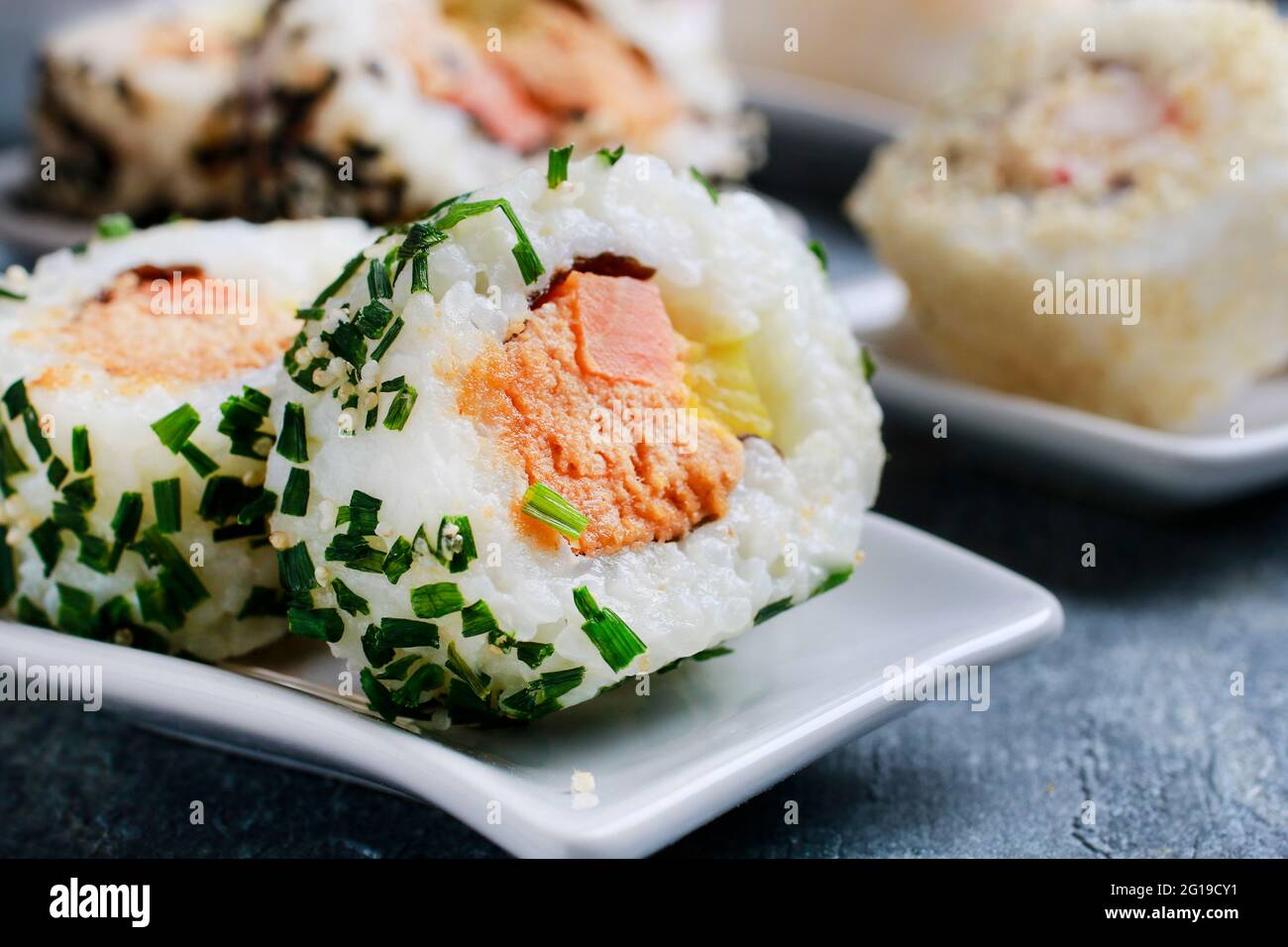 Sushi set on grey stone background. Japanese traditional dish Stock ...