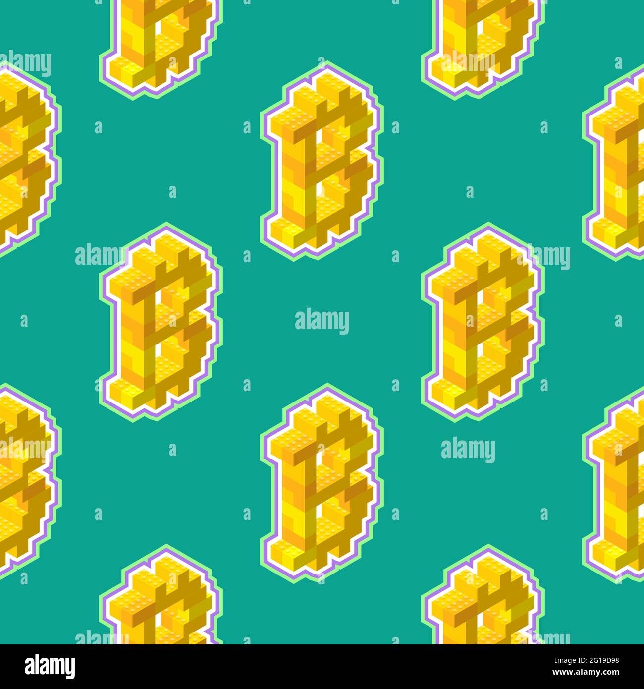 Bitcoin sign consisting of yellow blocks in isometric view on a green ...