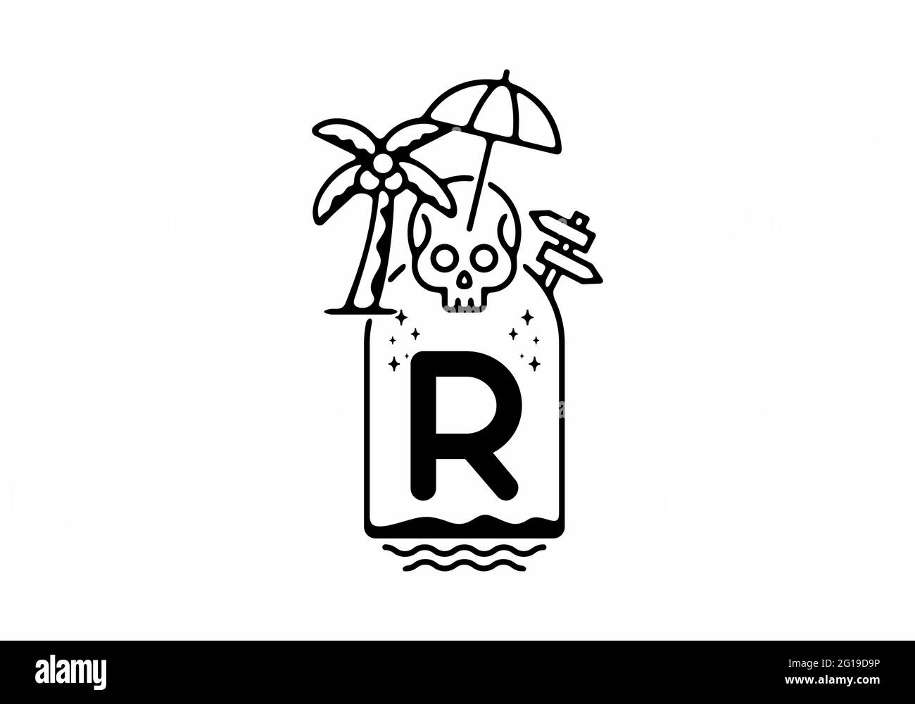 Black line art illustration of skull beach with R initial letter design ...