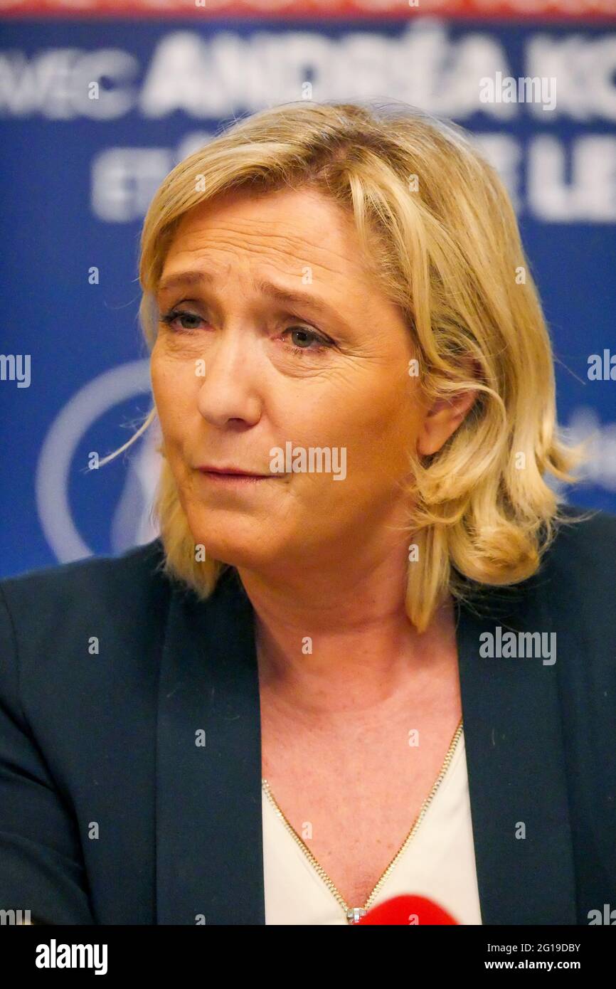 Marine Le Pen, President of RN (Rassemblement National), attends press ...